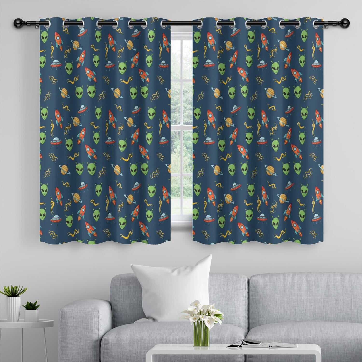 Alien Rocket Deep Blue Pattern Blackout Curtains,Triple Weaved Fabric ...