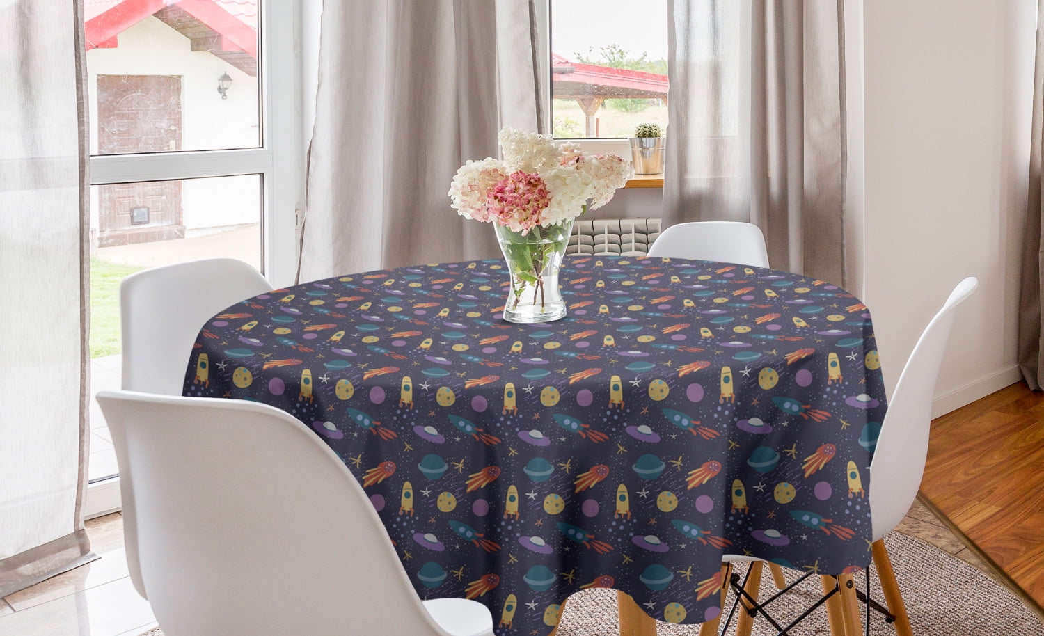 Alien Round Tablecloth, Space Themed Comet Stars Rockets and Planets in ...