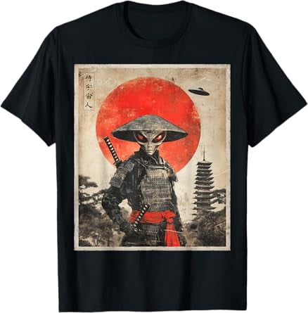 Alien Samurai UFO Japanese Vintage Graphic Ukiyo-e Art Funny T-Shirt ...