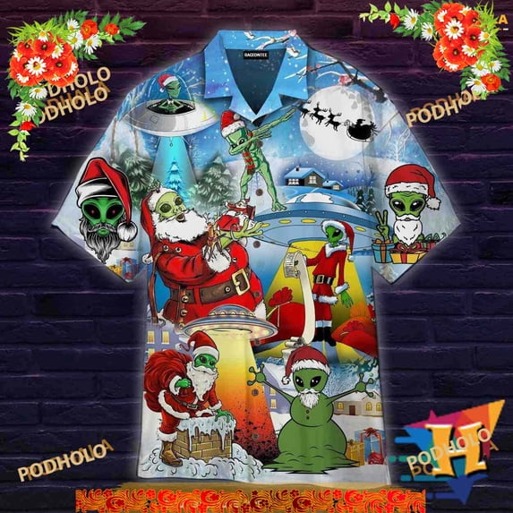 Alien Santa Christmas Aloha Shirt, Mens Christmas Hawaiian Shirt ...