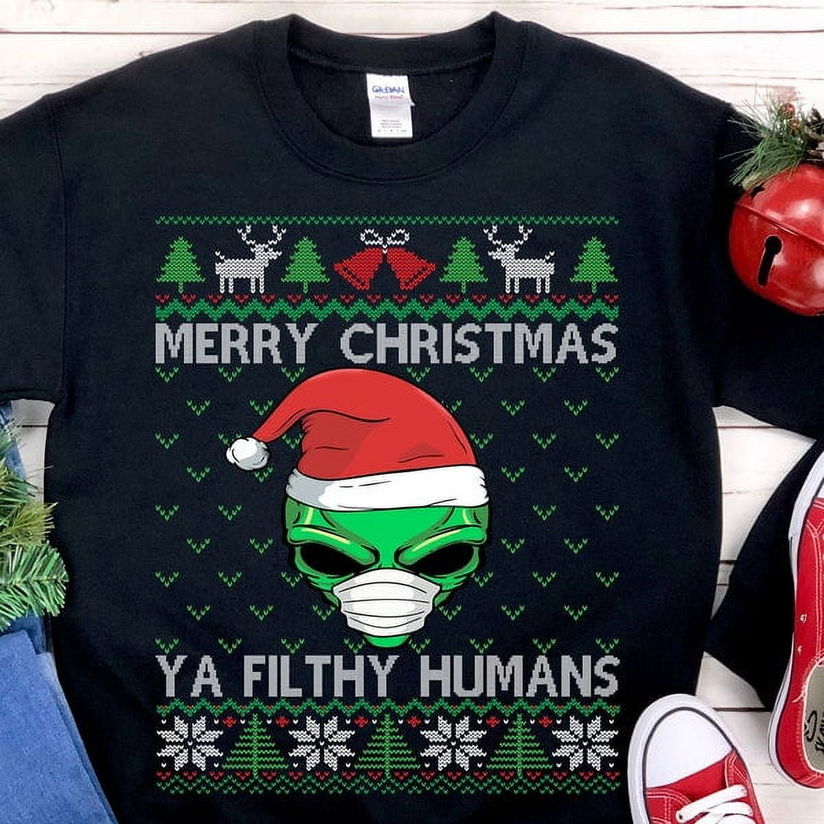 Alien Santa Ugly Christmas Sweatshirt, Merry Christmas Alien Face Mask ...