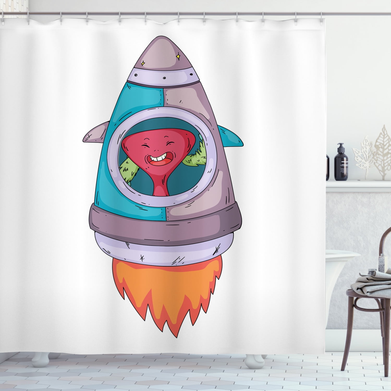 Alien Shower Curtain, Illustration of a Creature in a Spaceship Rocket ...