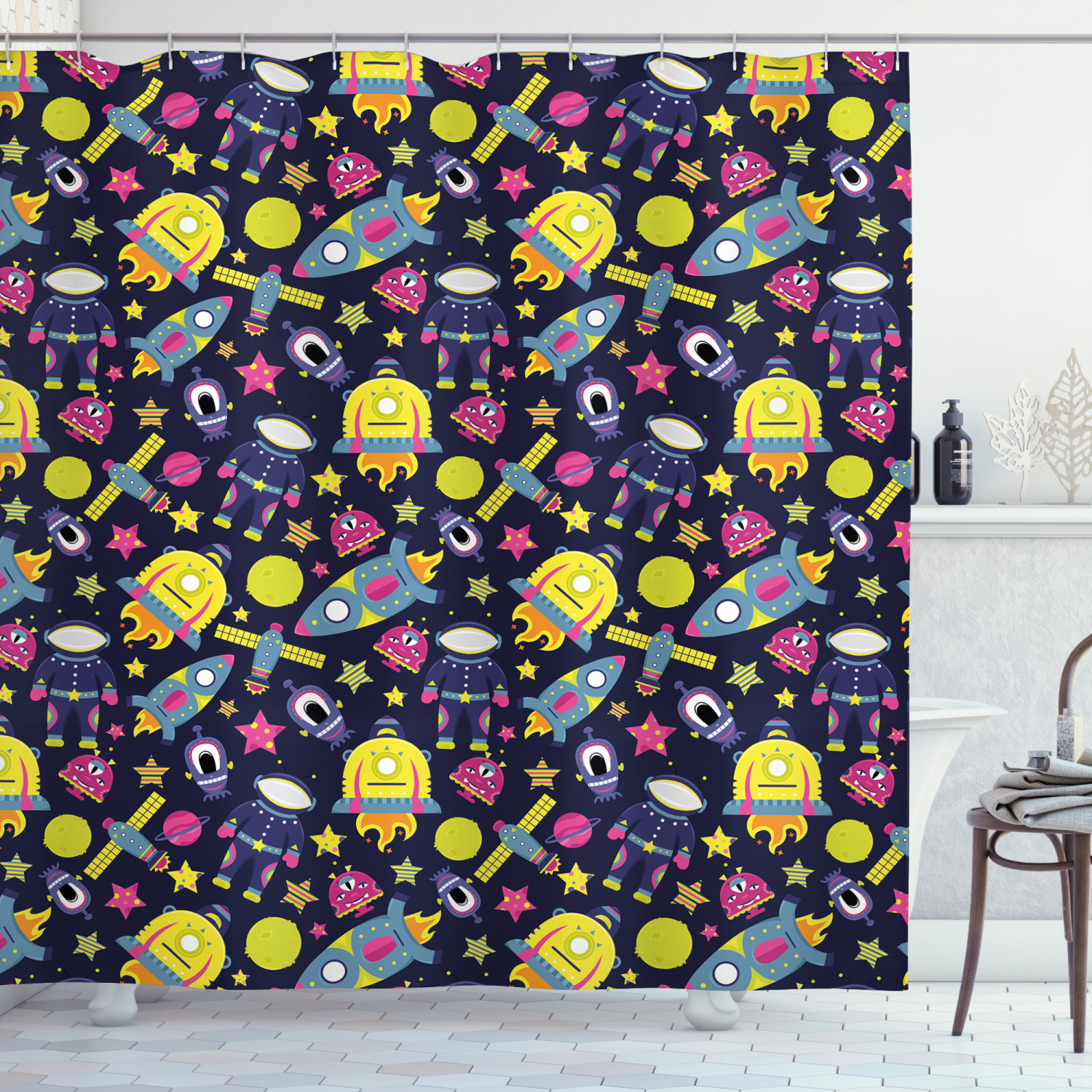 Alien Shower Curtain, Vibrant Concept of Spaceships Planets Satellites ...