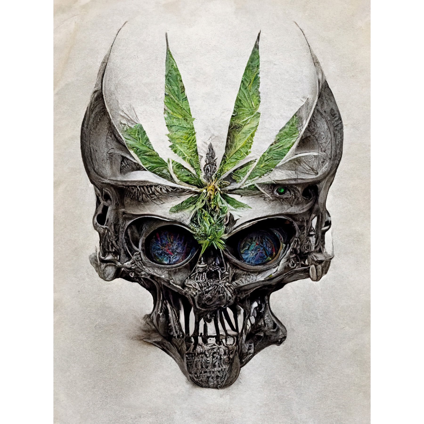 Alien Skull With Marijuana Leaf Colour Pencil Illustration Unframed ...