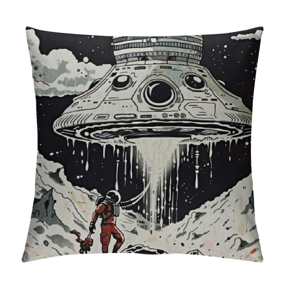 Alien Spaceship Throw Pillow Cover,UFO Abduction of A Human with Flying ...