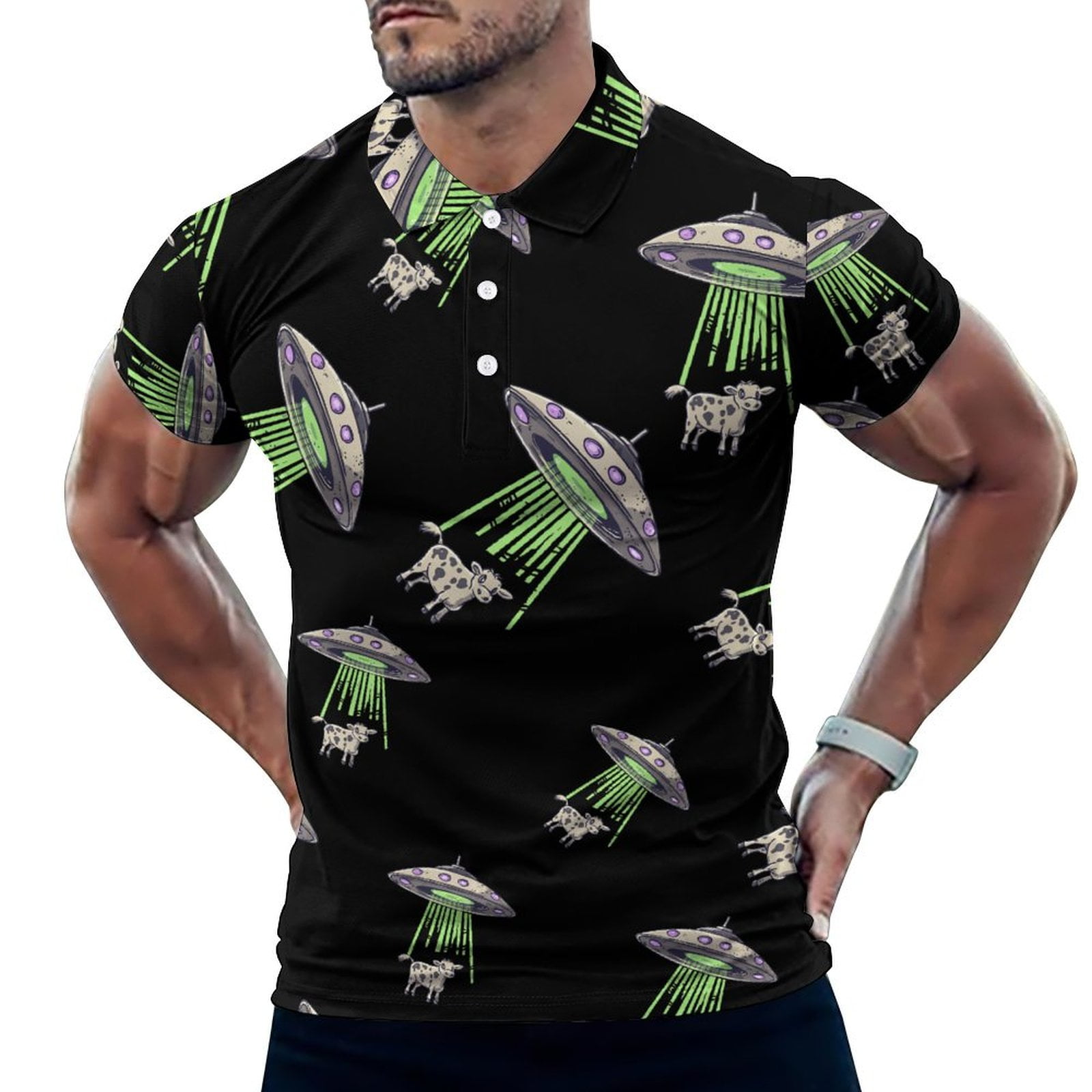 Alien Spaceships And Cows Men's Golf Polo Shirts Short Sleeve Quick Dry ...