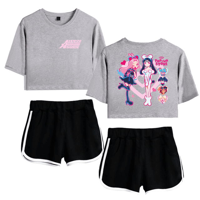 Alien Stage Merch Crop Top T-Shirt Shorts Suit ALNST Pink Heart Logo Mizi Sua Short Sleeve For ...