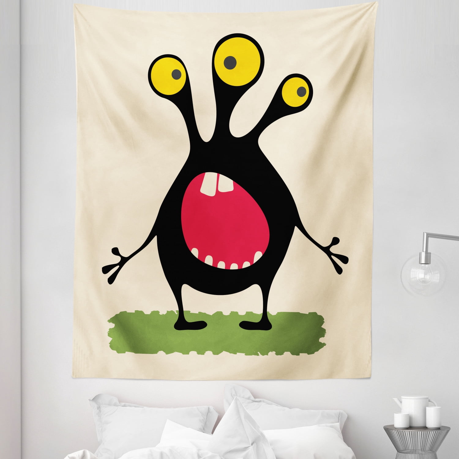 Alien Tapestry, Cartoon Style Funny Monster with 3 Eyes, Fabric Wall ...