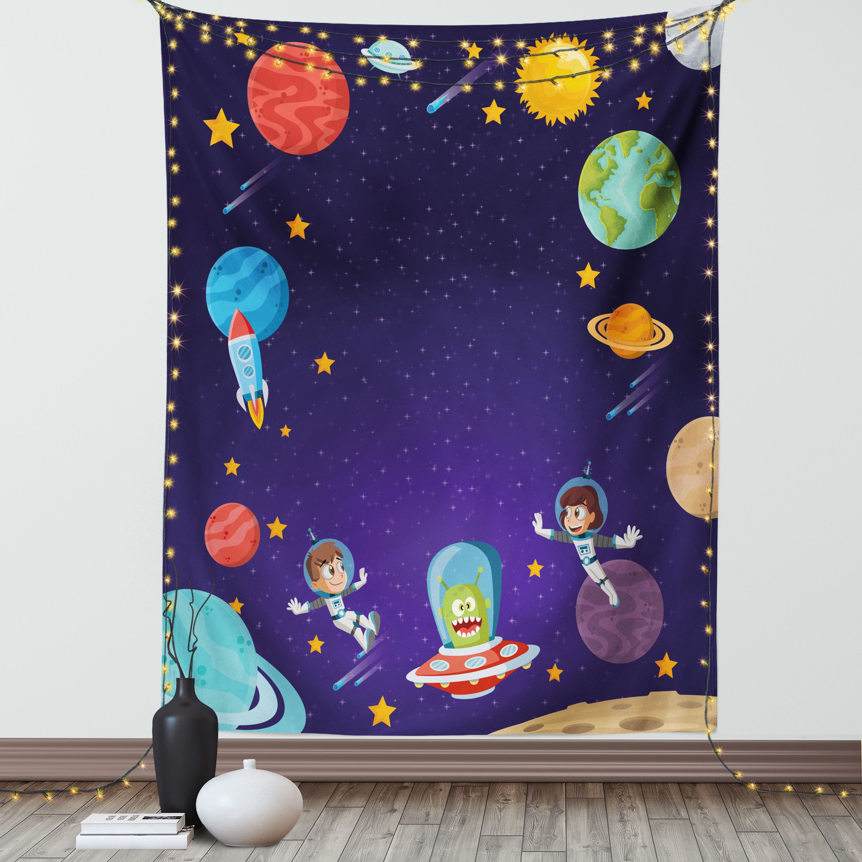 Alien Tapestry, Outer Space Themed Cartoon Astronaut Traveling Galaxies ...