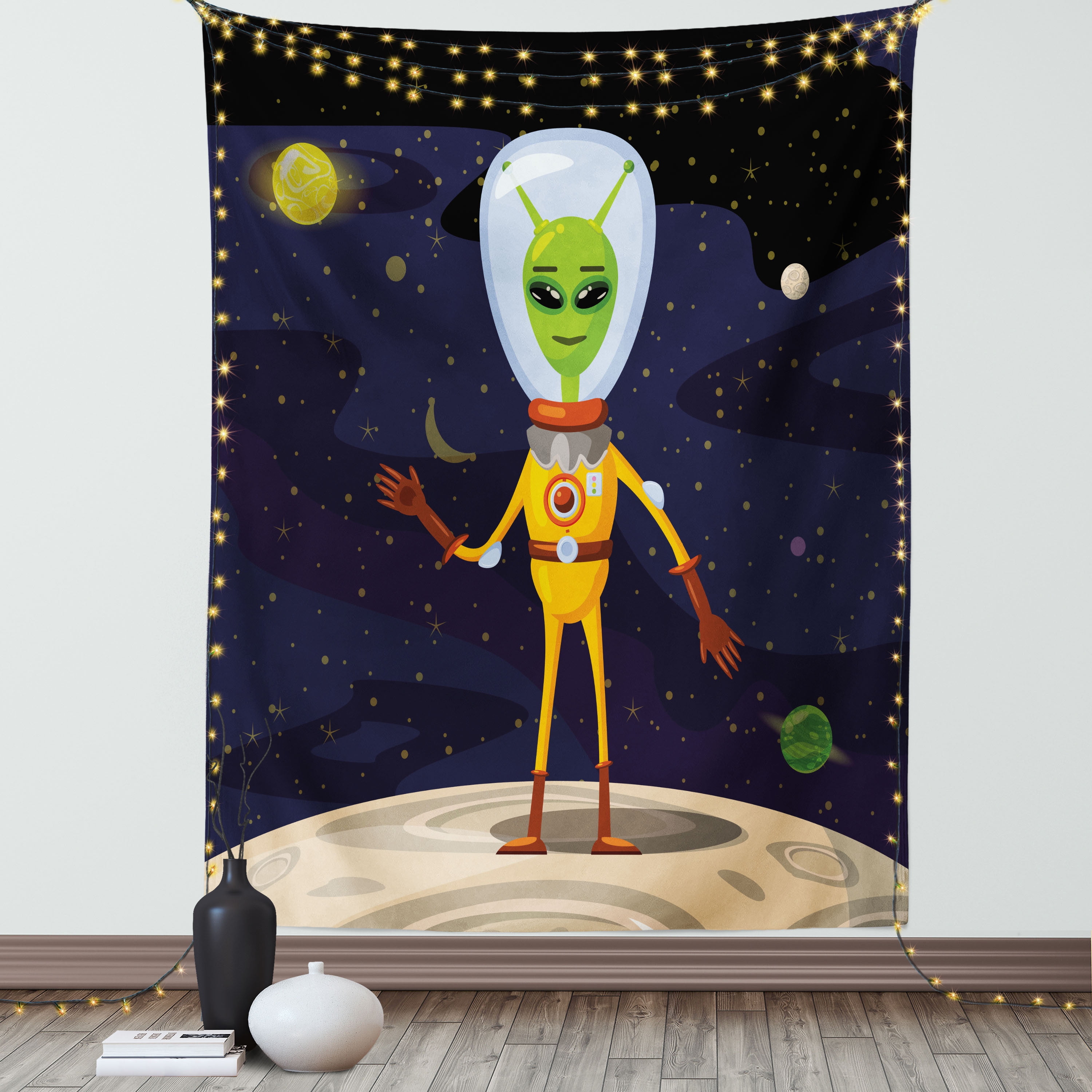Alien Tapestry, Ufo Cartoon of Funny Creature in Spacesuit Standing on ...