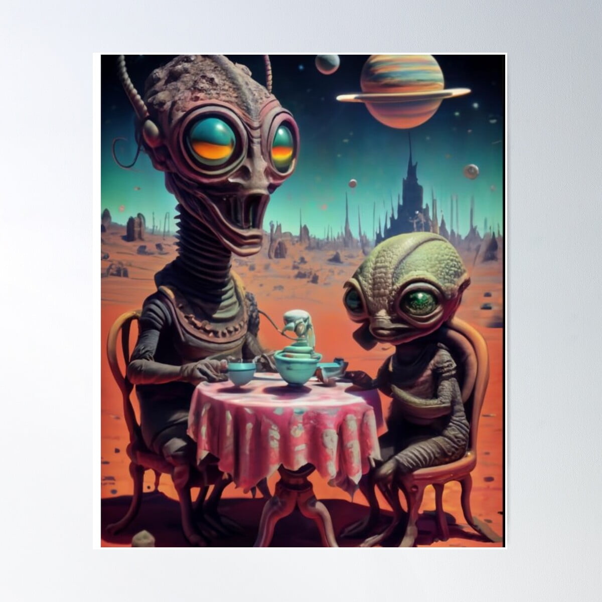 Alien Tea Party On The Moon Poster Wall Art, Modern Wall Decor For ...