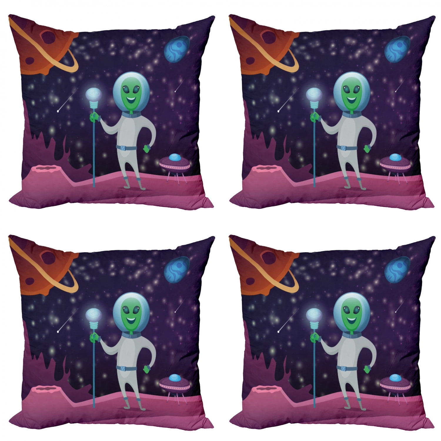Ambesonne Alien Throw Pillow Cover 4 Pack, Cosmic Space Funny Character ...