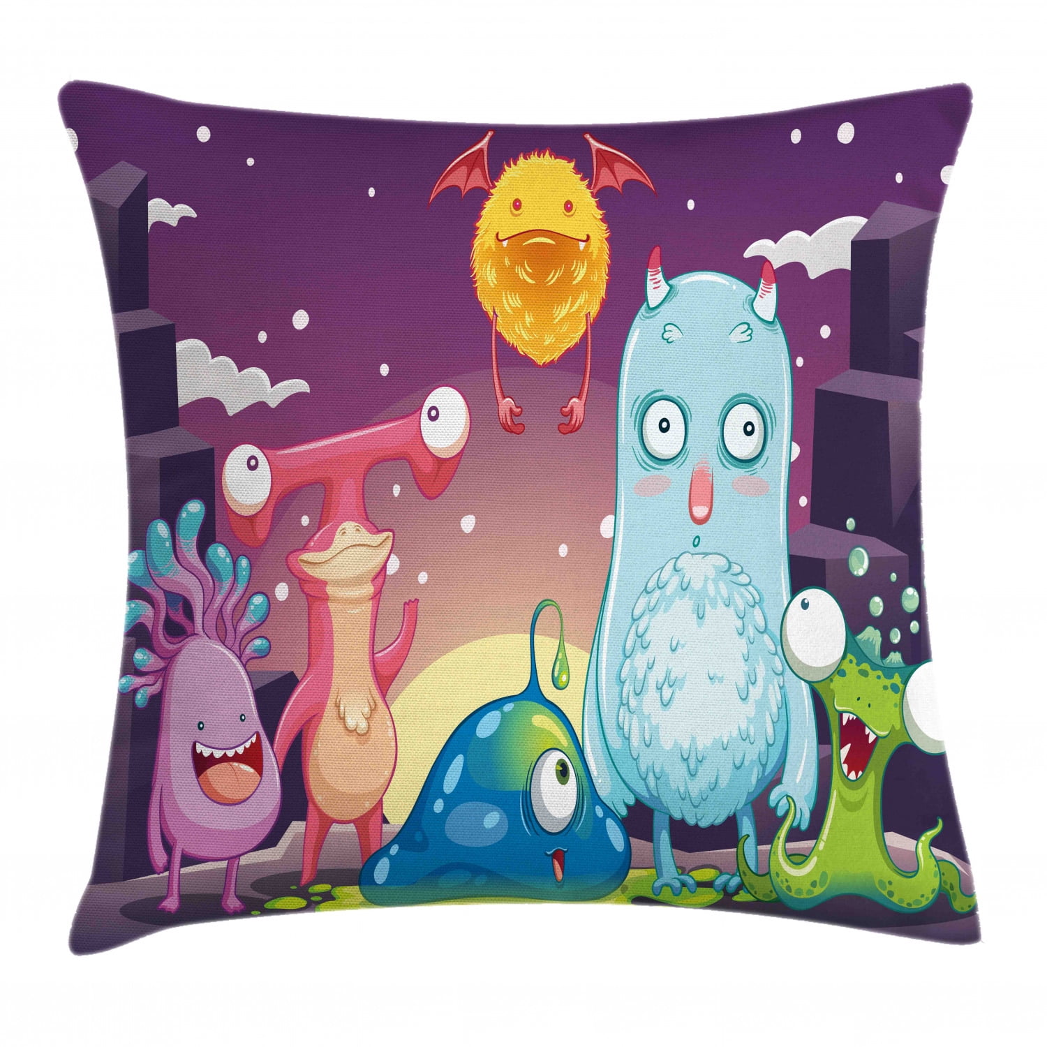 Alien Throw Pillow Cushion Cover, Funky and Happy Monsters Illustration ...