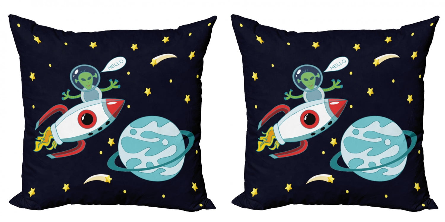 Ambesonne Alien Throw Pillow Cover 2 Pack, Extraterrestrial Being Hello ...