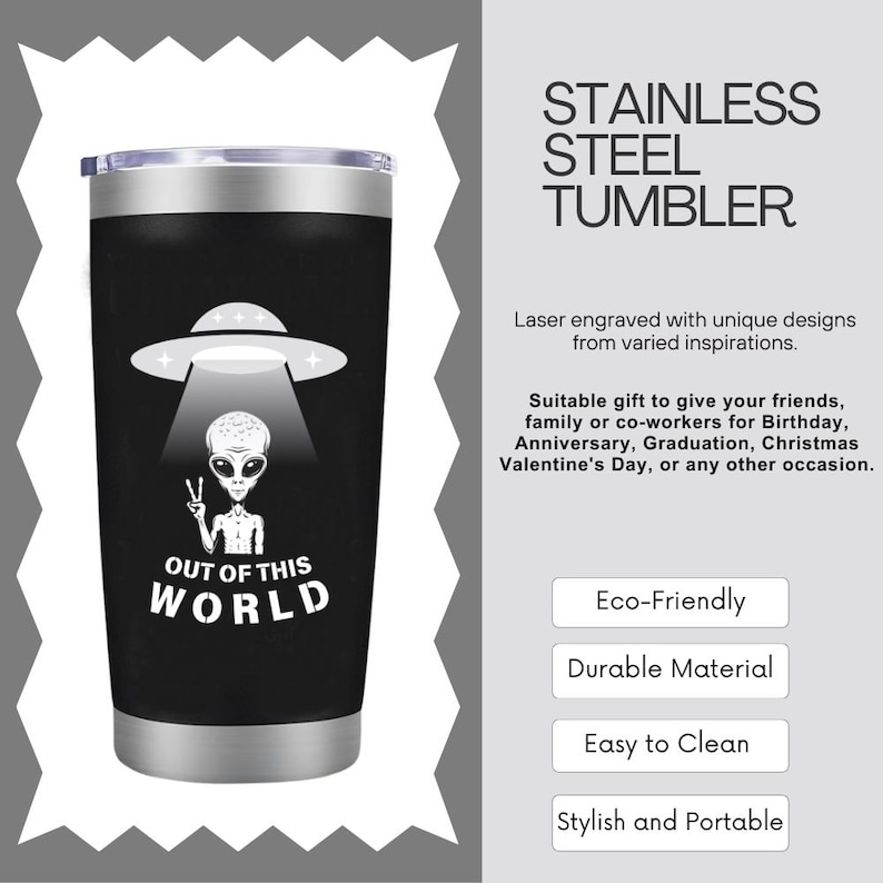 Alien Tumbler 20 oz - Laser Engraved w/ Clear Lid - Stainless Steel ...