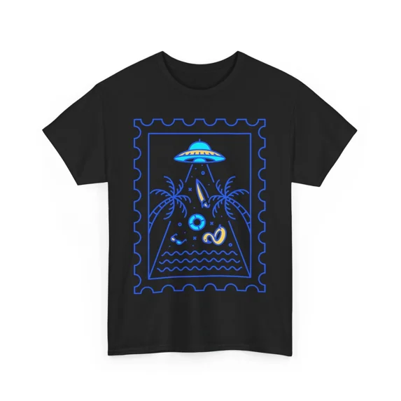 Alien UFO Beach Stamp Unisex T-Shirt - Summer Vacation Sci-Fi Tee, S ...
