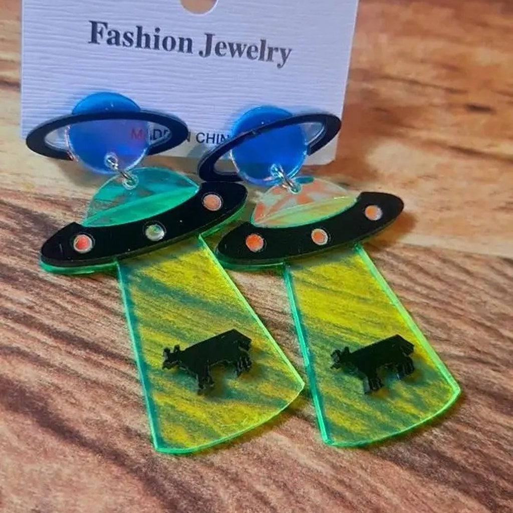 Alien UFO Cow Earrings Cute Kawaii Neon Green Abduction X-Files ...