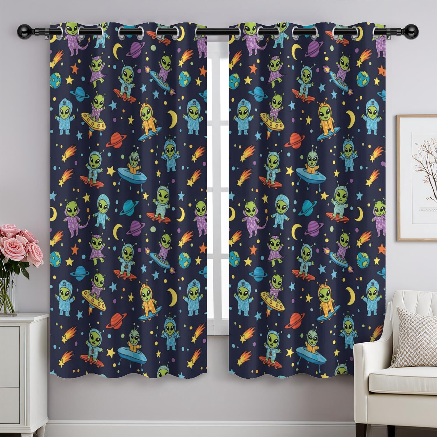 Alien UFO Deep Blue Pattern Blackout Curtains,Triple Weaved Fabric ...
