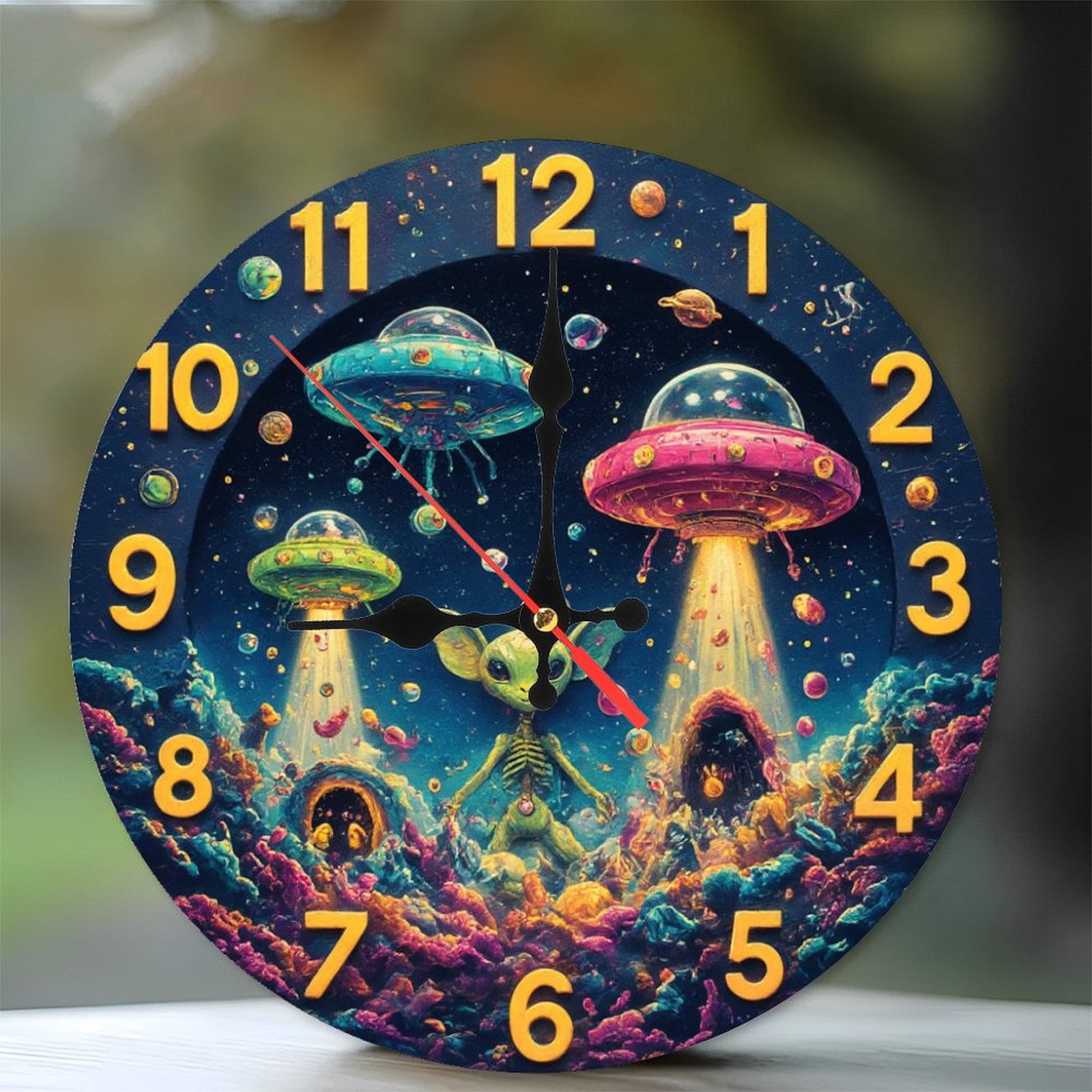 Alien UFO Spaceship Psychedelic Clock Wall Art Decor 10-Inch Silent ...