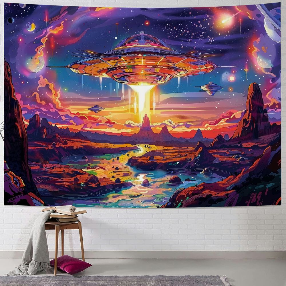 Alien UFO Tapestry Sun Mountain Tapestry Colorful Plant Floral Wall ...