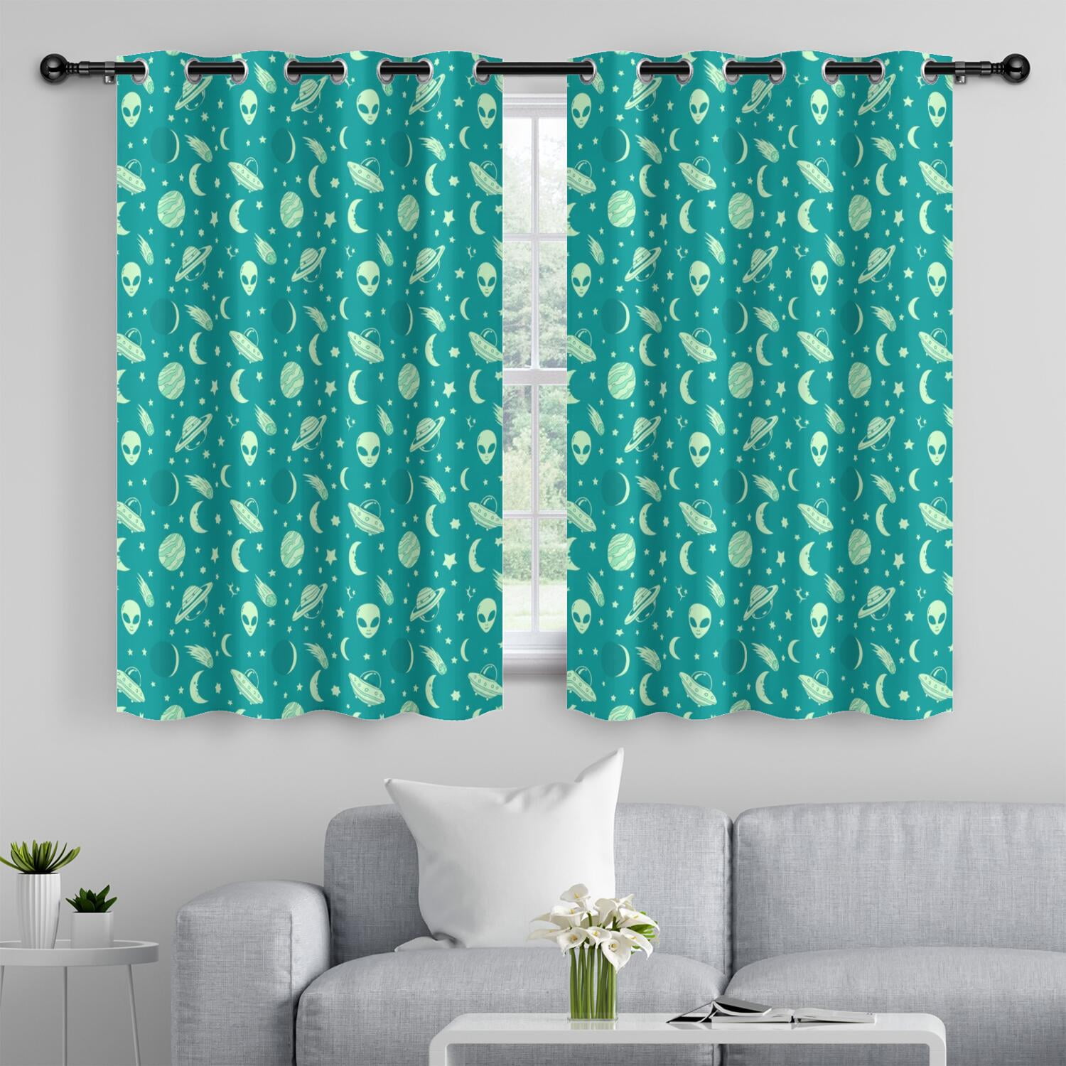 Alien UFO Teal Pattern Blackout Curtains,Triple Weaved Fabric,Thermal ...