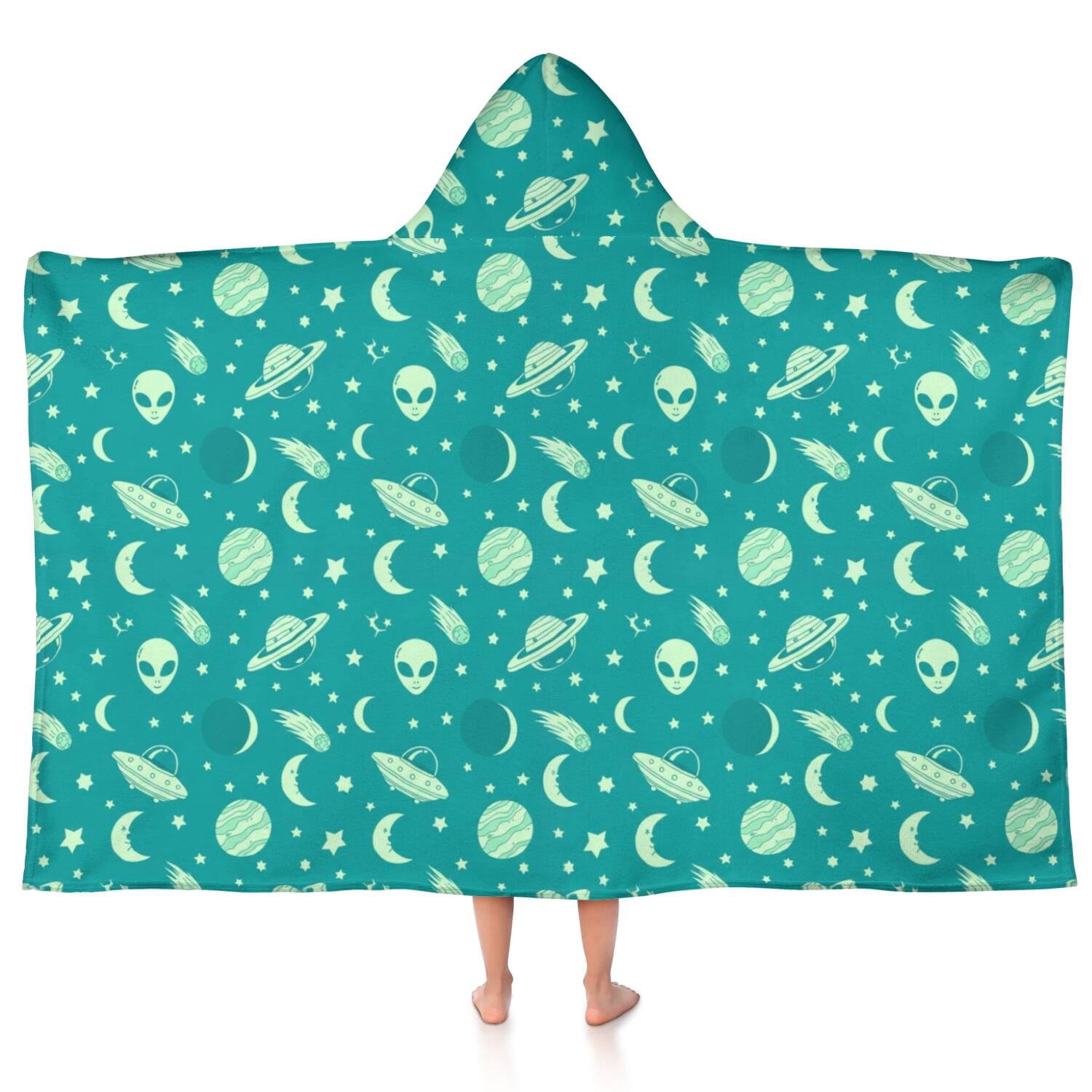 Alien UFO Teal Pattern Teens Hooded Bath Towel Wrap for Ages 3 To 12 ...