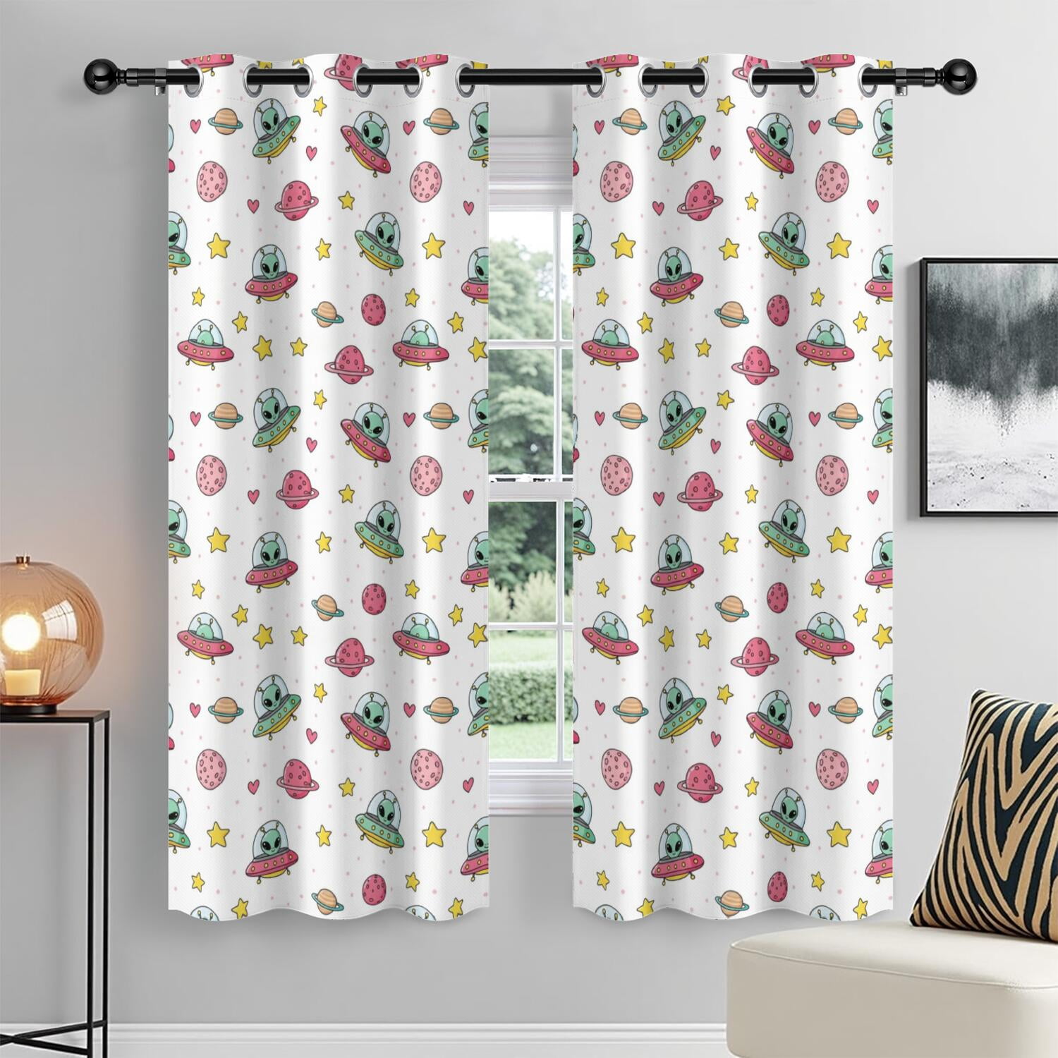 Alien UFO White Pattern Blackout Curtains,Triple Weaved Fabric,Thermal ...