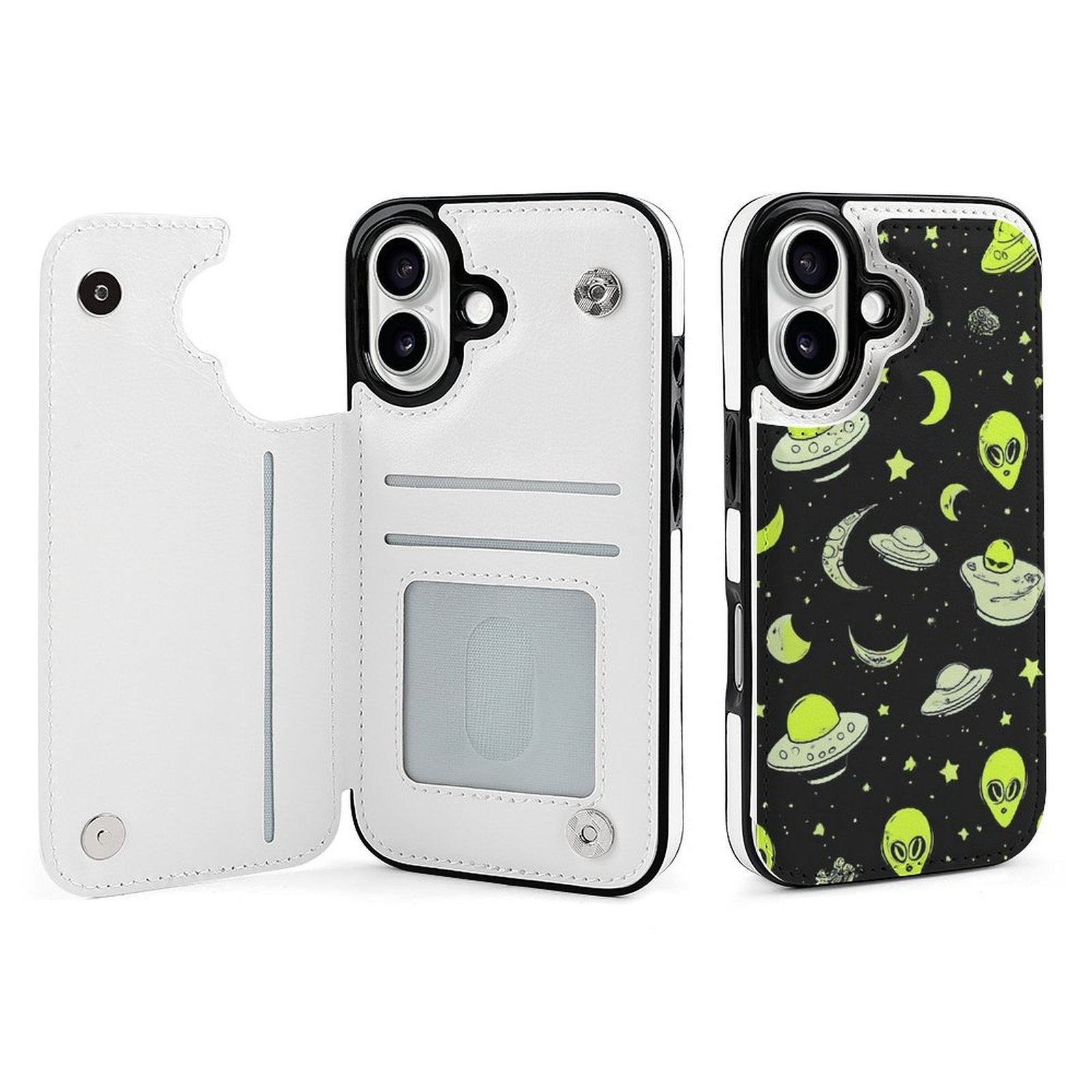 Alien Ufo Moon Stars Leather Wallet Case for iPhone 15 14 13 12 11 Pro ...