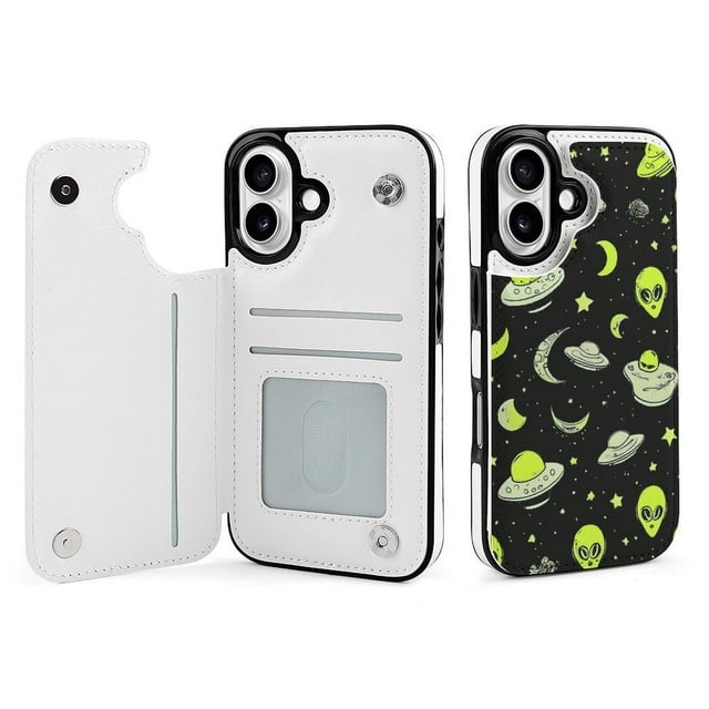 Alien Ufo Moon Stars Leather Wallet Case for iPhone 15 14 13 12 11 Pro ...