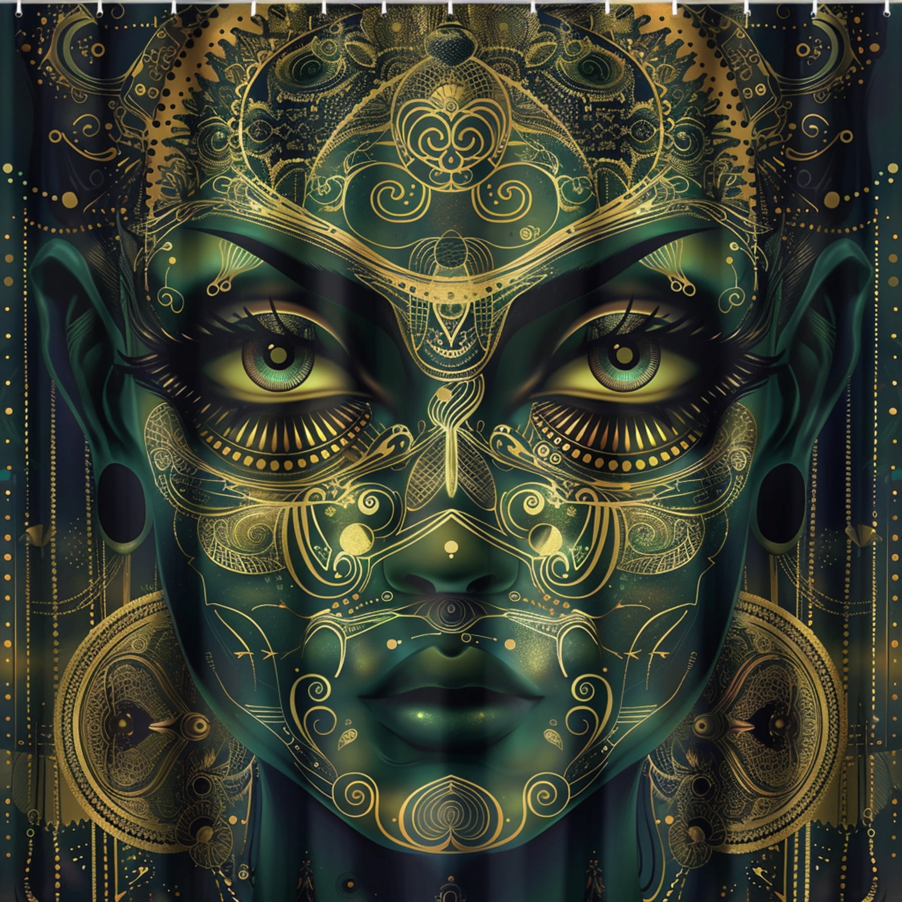 Alien Woman Shower Curtain Dark Green & Gold Symmetrical Eyes Intricate ...