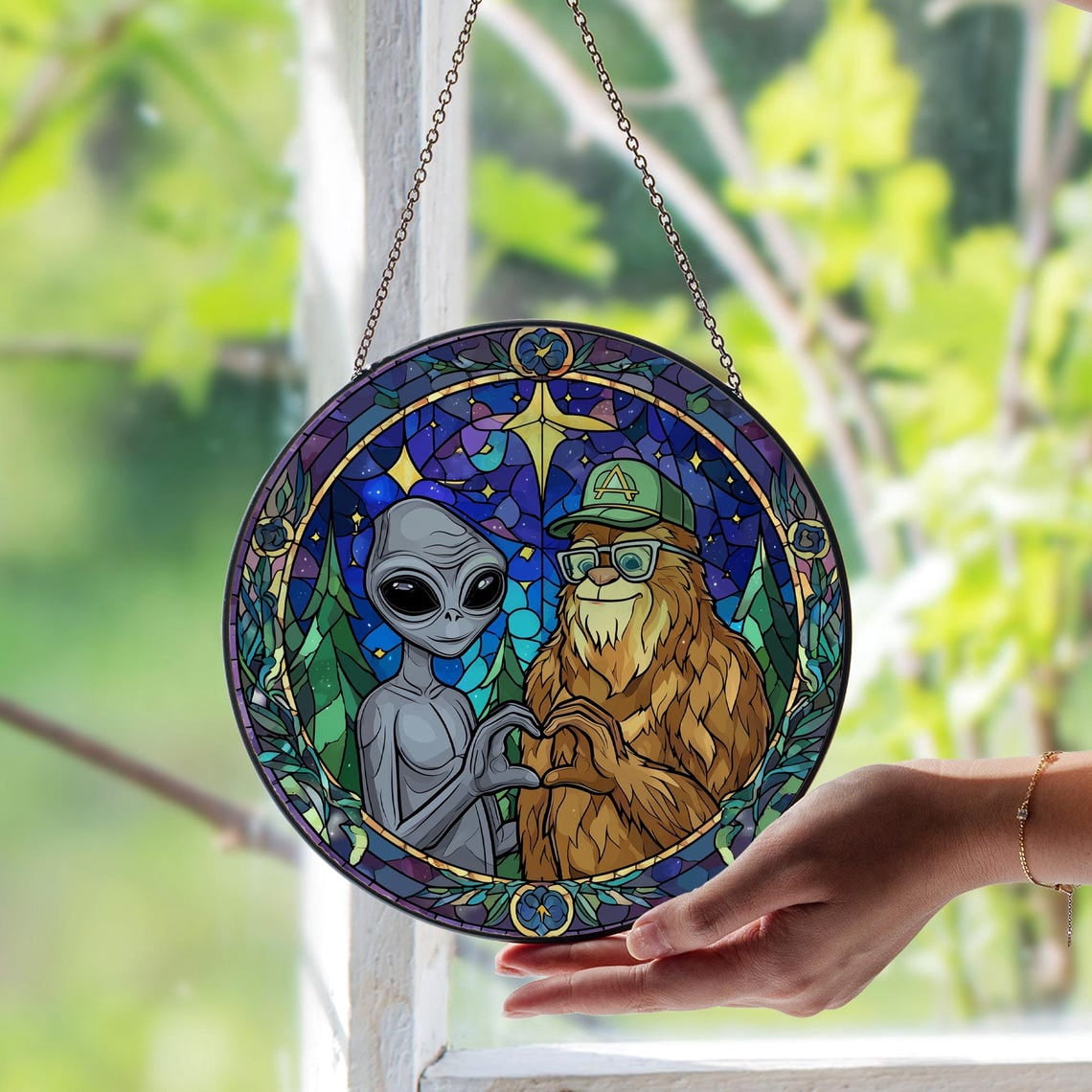 Alien and Bigfoot Glass Suncatcher, Fun Cryptid Duo Art, Mythical Decor ...