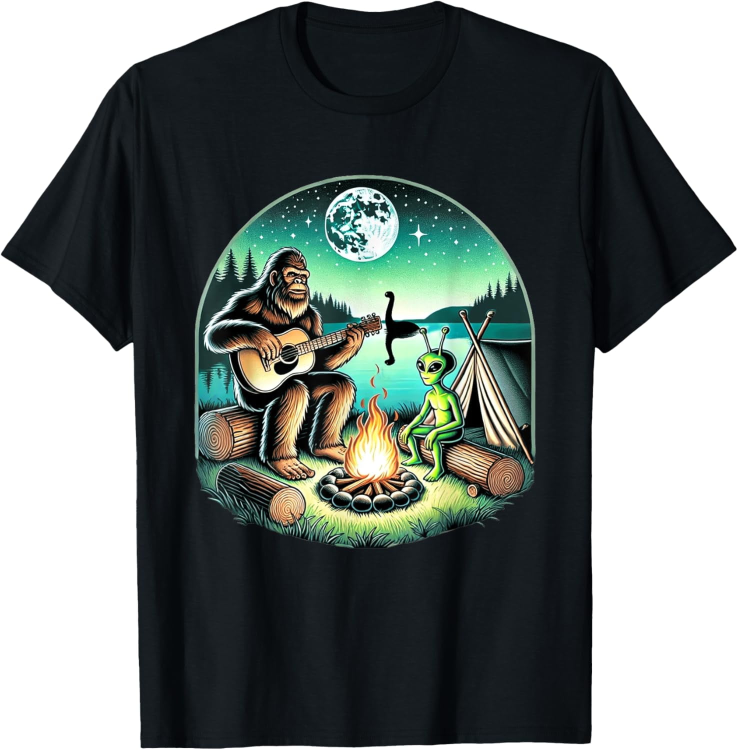Alien and Bigfoot Loch Ness Campfire Sasquatch Guitar T-Shirt Tops Tee ...