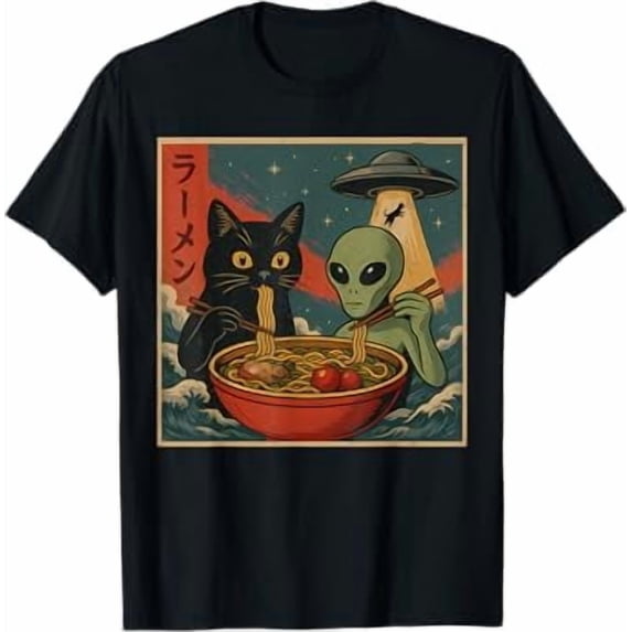 Alien and Cat Ramen Bowl Funny UFO Japanese Noodle Design T-Shirt ...