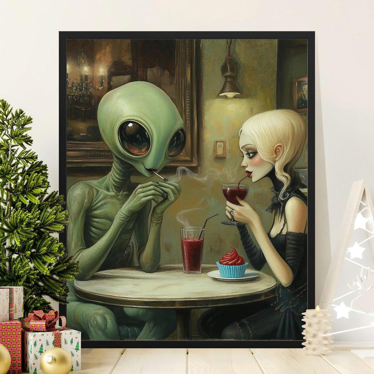 Alien and Human Cafe Scene Poster, Quirky Sci-Fi Art Print, Surreal ...