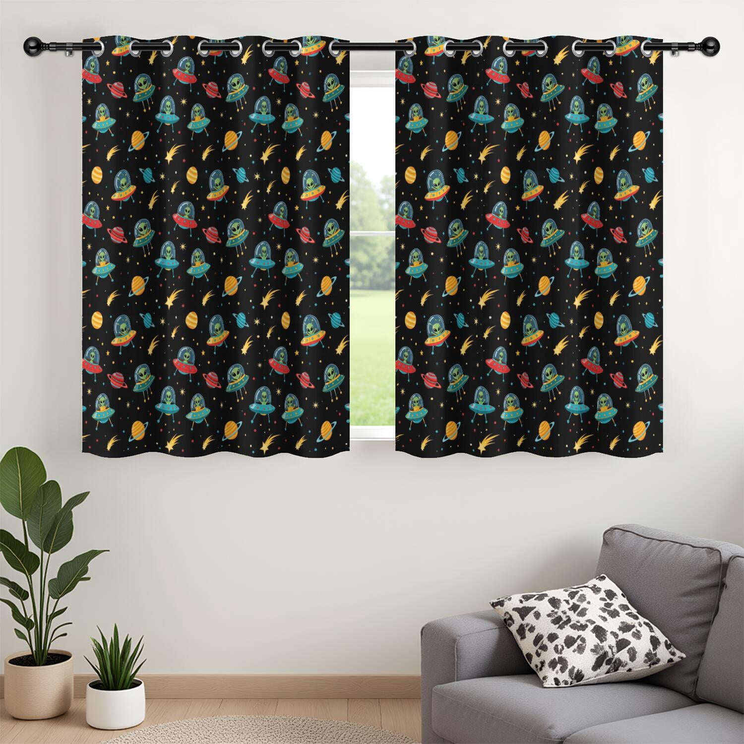 Alien and Meteor Black Pattern Blackout Curtains,Triple Weaved Fabric ...