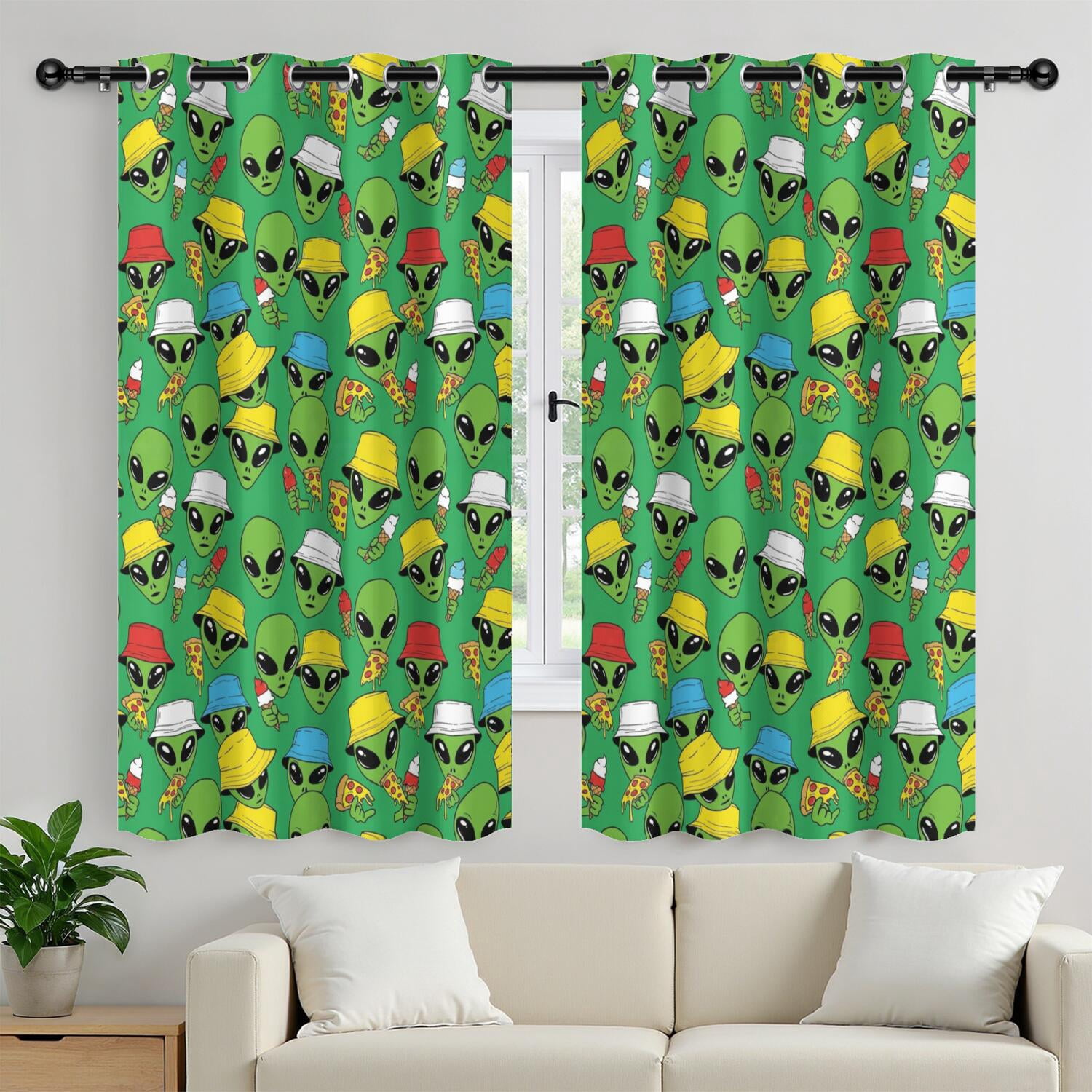 Alien and Pizza Bright Green Pattern Blackout Curtains,Triple Weaved ...
