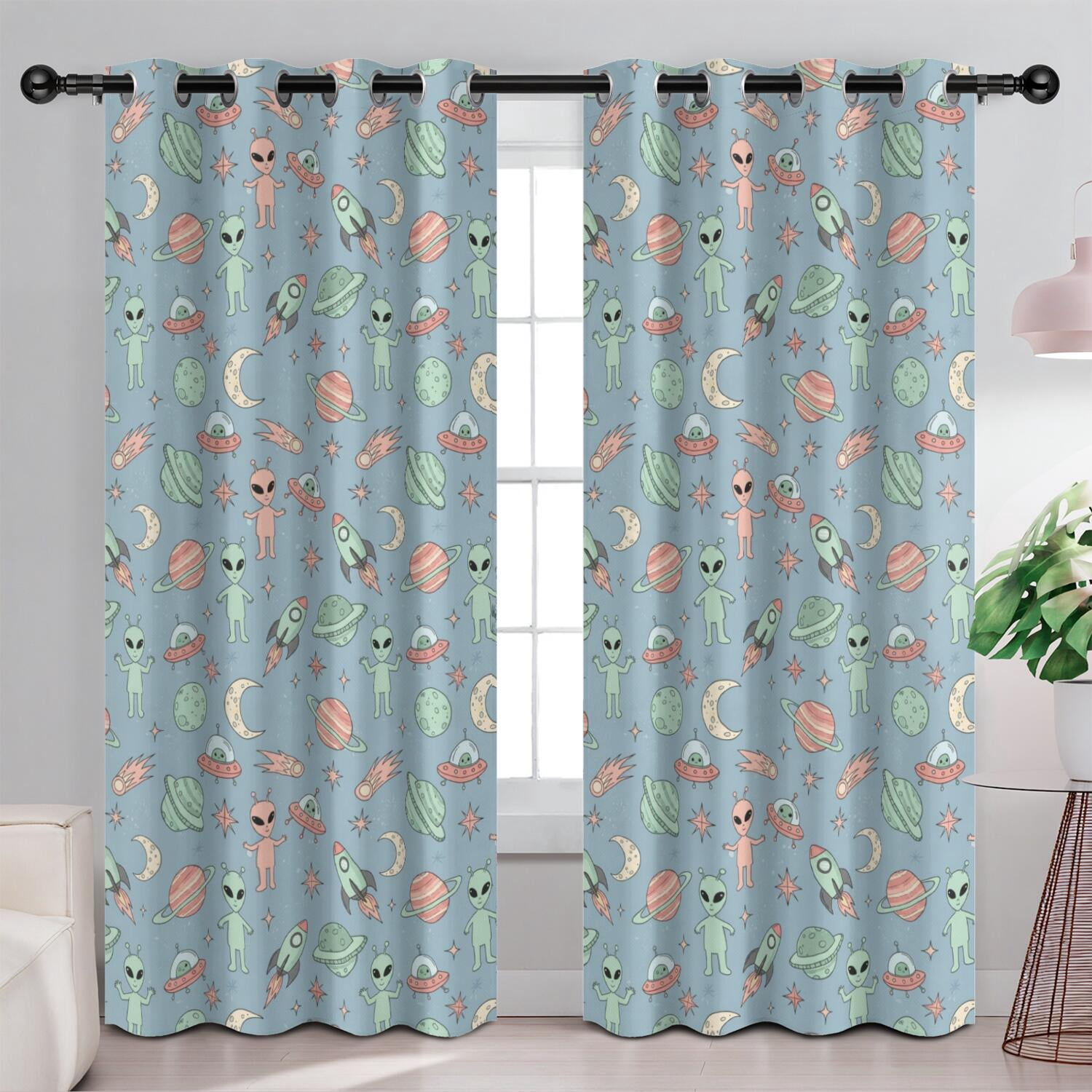 Alien and Rocket Pale Blue Pattern Blackout Curtains,Triple Weaved ...