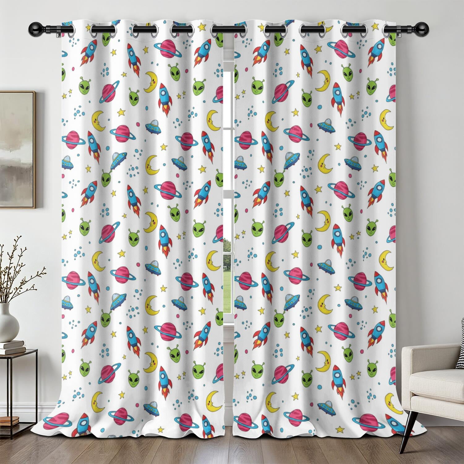 Alien and Rocket White Pattern Blackout Curtains,Triple Weaved Fabric ...