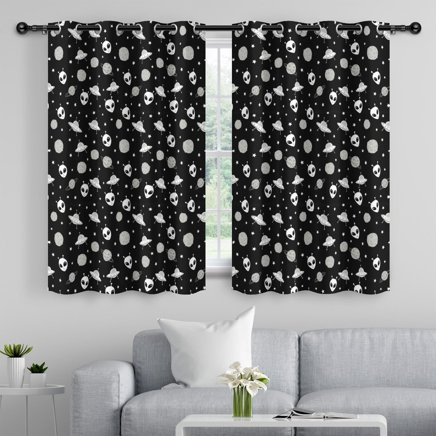 Alien and UFO Black Pattern Blackout Curtains,Triple Weaved Fabric ...