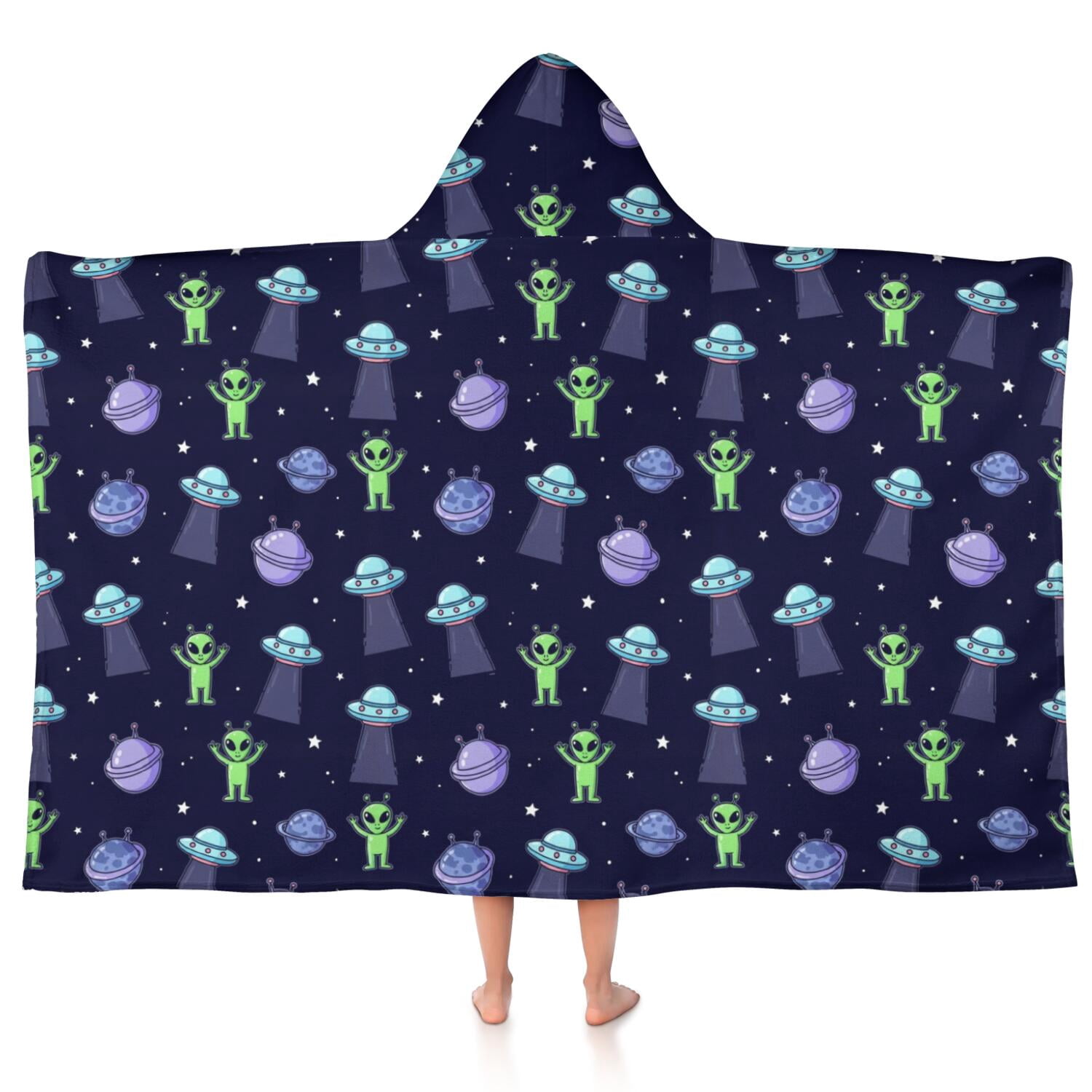 Alien and UFO Deep Blue Pattern Teens Hooded Bath Towel Wrap for Ages 3 ...