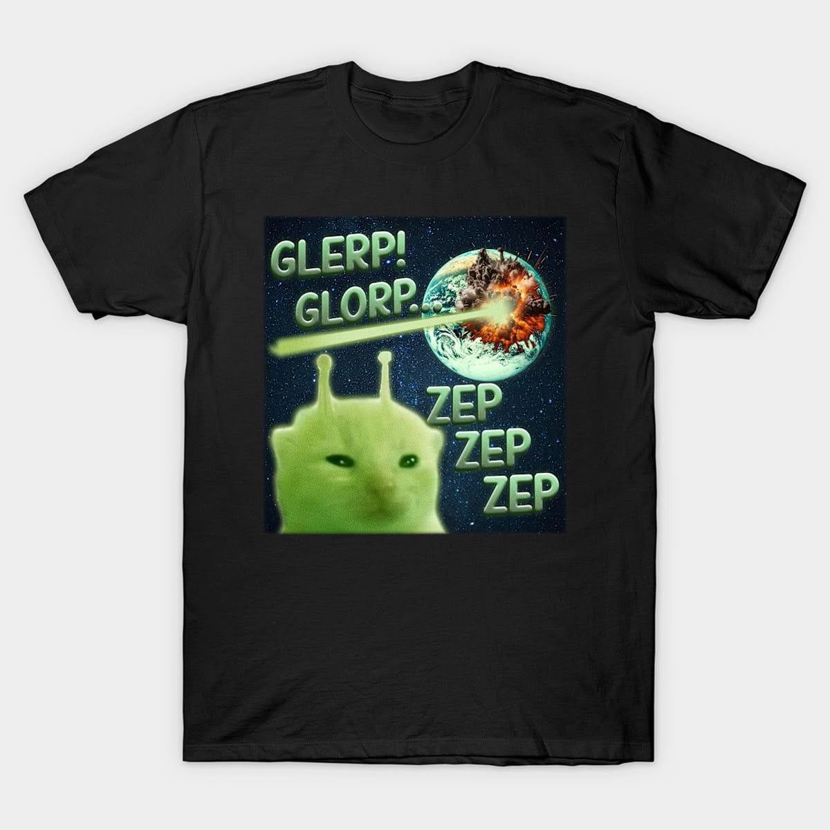 Alien cat graphic tee with glowing laser beam and cosmic planet design ...