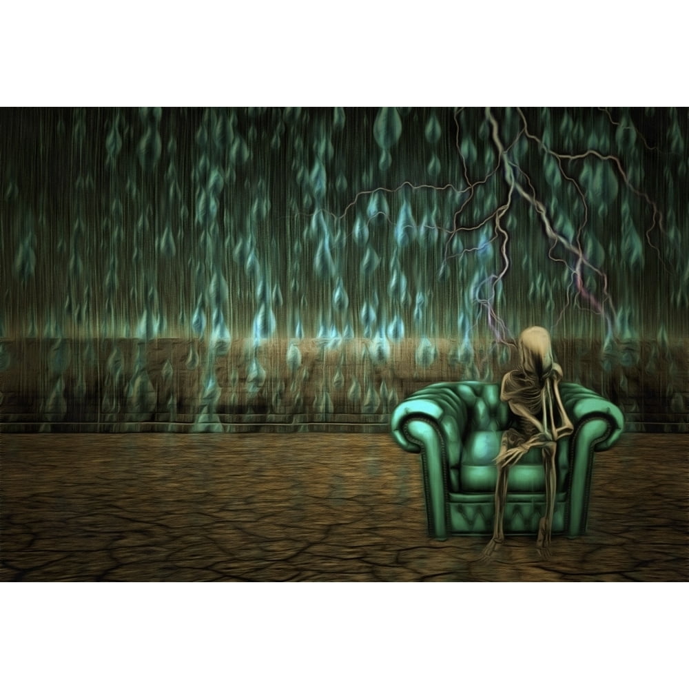 Alien skeleton sits on a armchair in pose of thinker. Rain fals down on ...