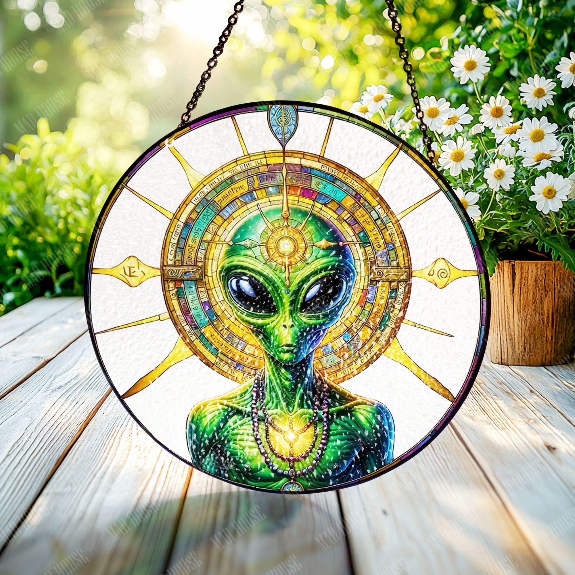 Alien stained glass art, cosmic extraterrestrial window hanging, sacred ...