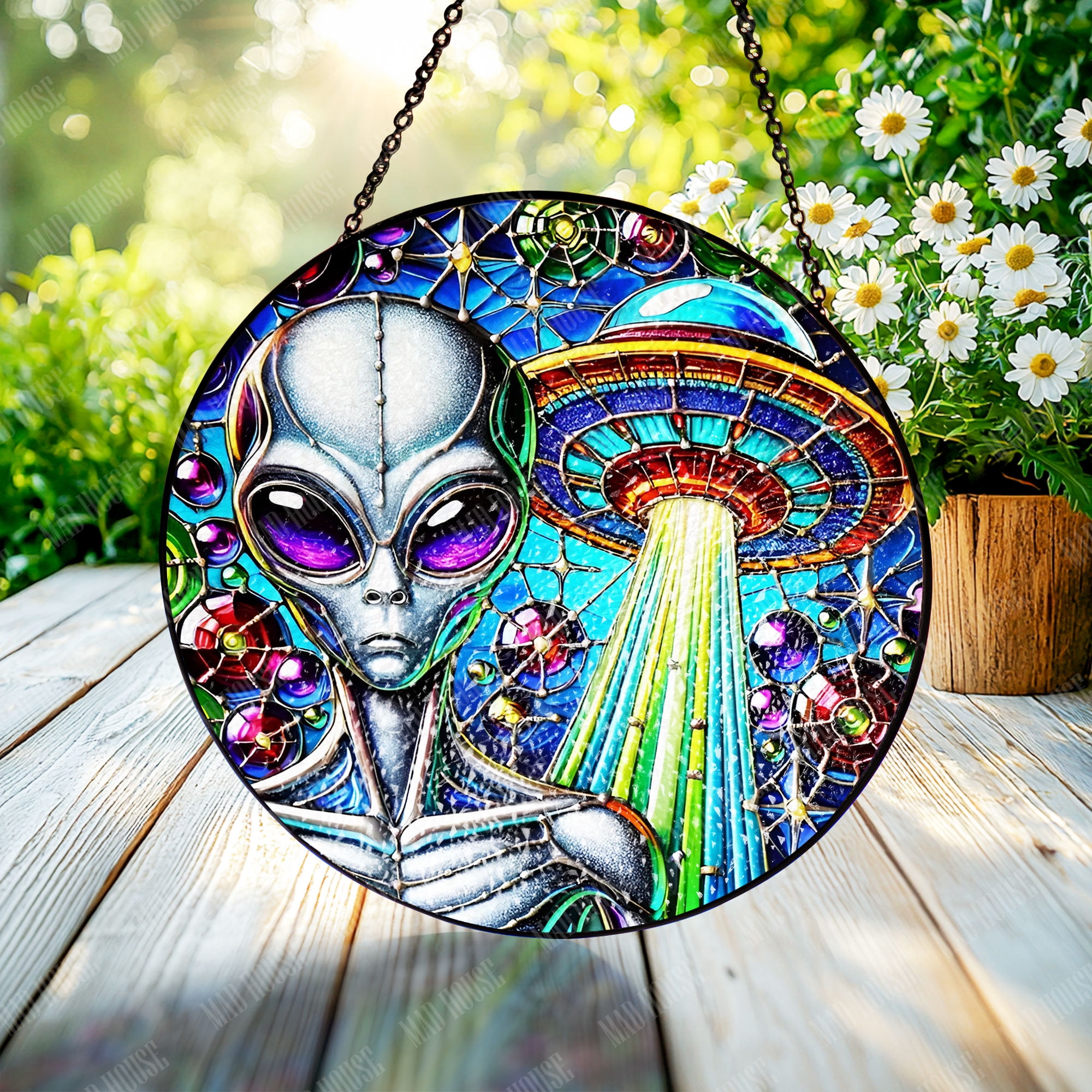 Alien stained glass suncatcher, UFO beam design window hanging, cosmic ...