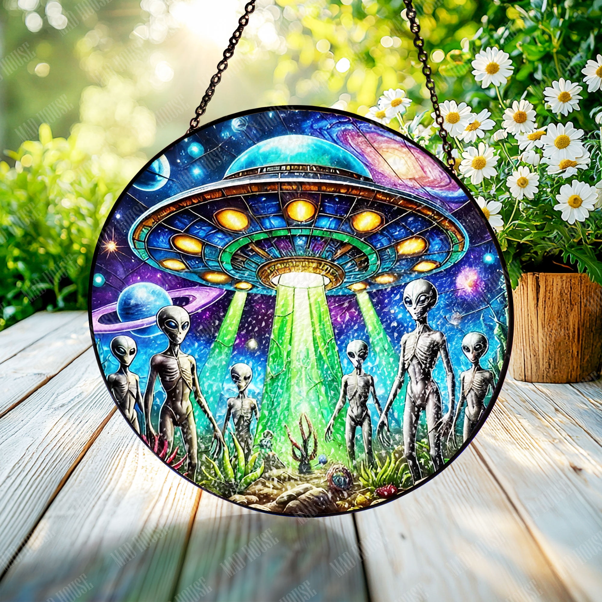 Alien stained glass suncatcher, UFO beam design window hanging, cosmic ...