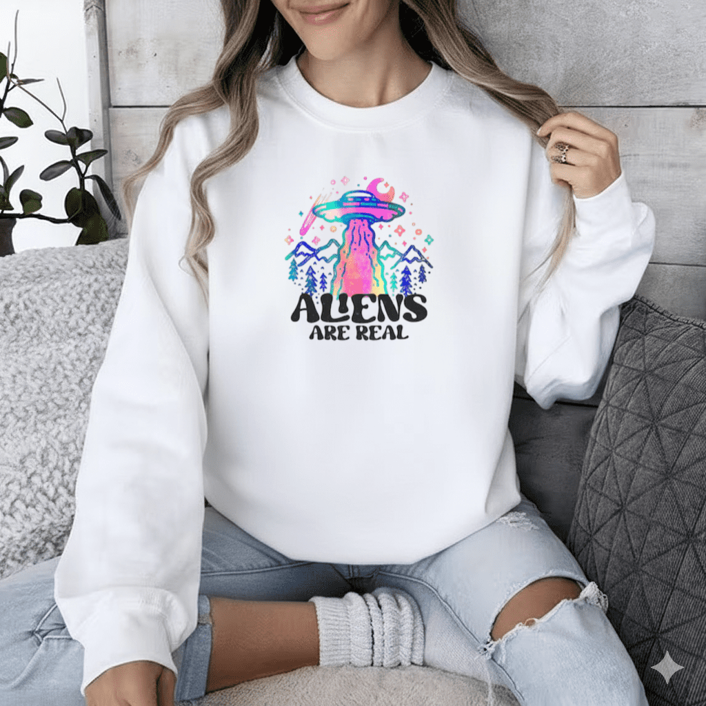 Aliens Are Real Fun Sci-Fi Humor Quote Inspired Cozy Graphic Sweatshirt ...
