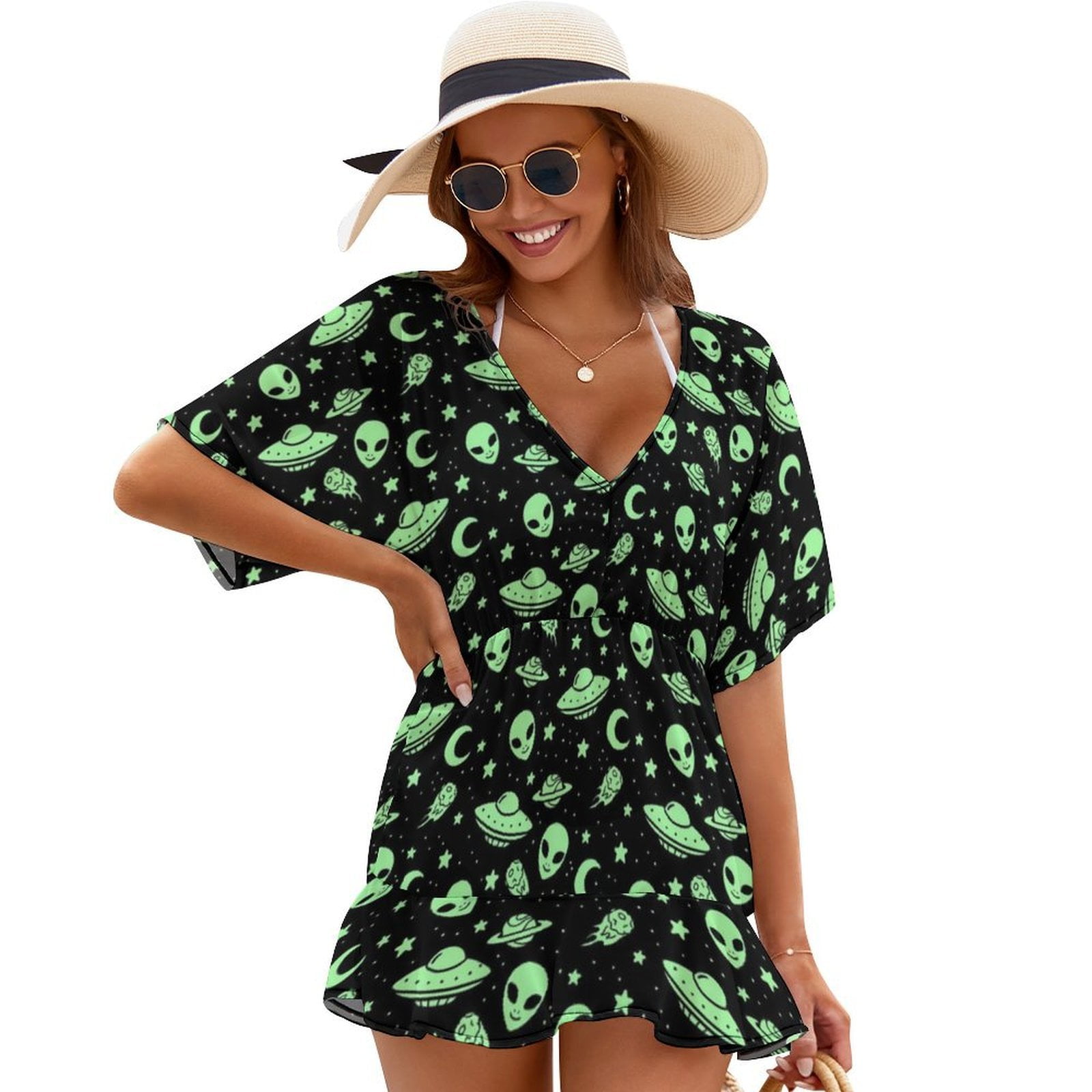 Aliens Hands UFO Space Beach Cover Ups Women V Neck Short Sleeve Dress ...