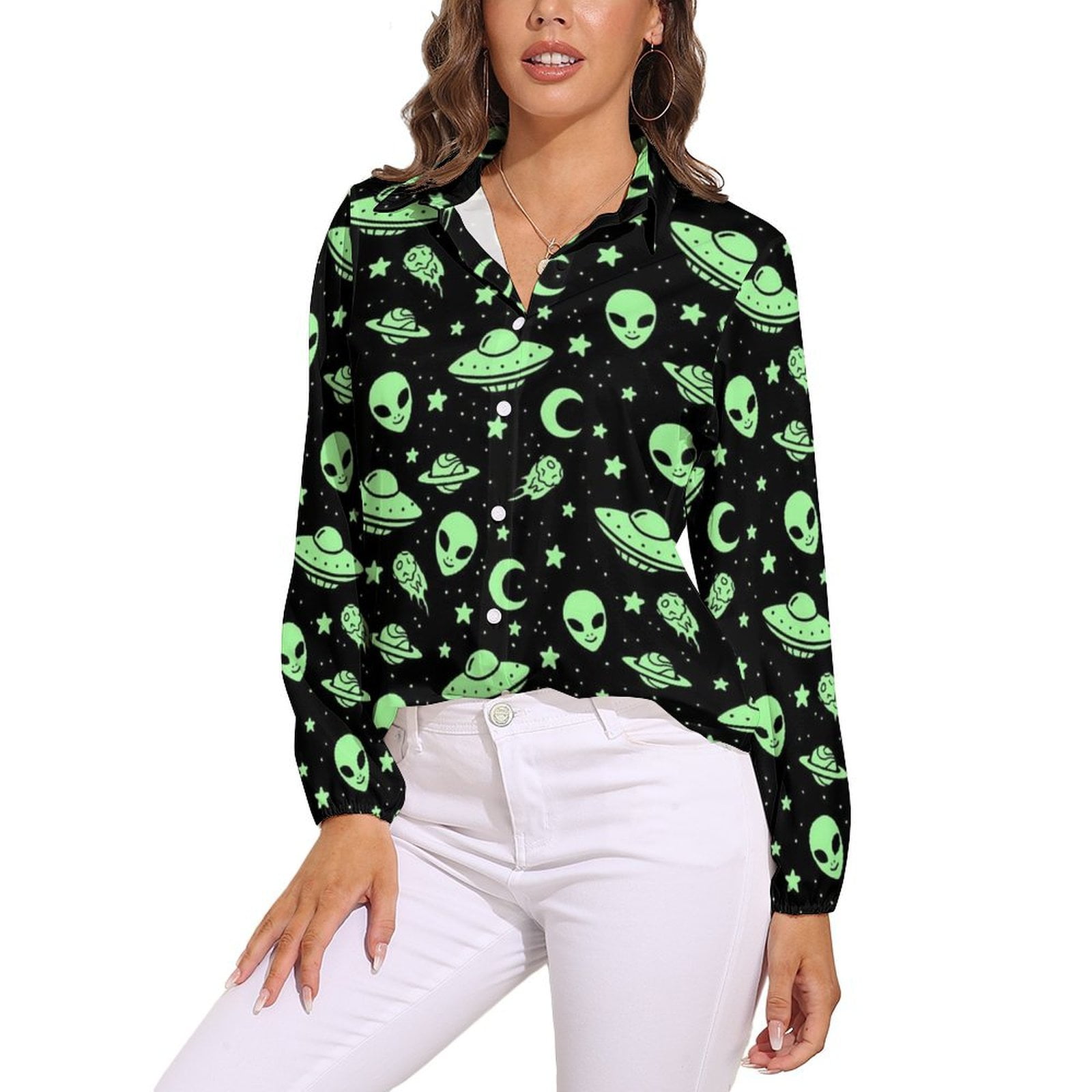 Aliens Hands UFO Space Vntage Casual Long Sleeve Shirt Blouse Woman ...