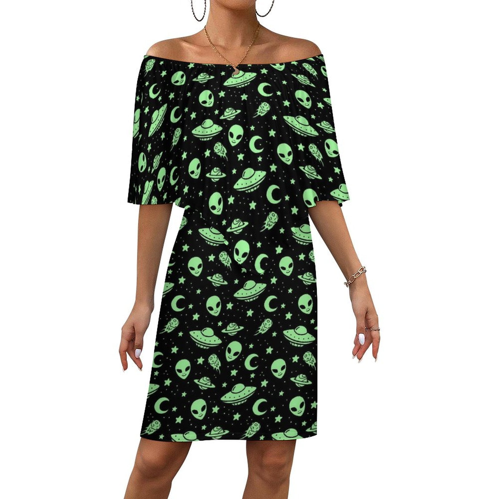 Aliens Hands UFO Space Women's Off The Shoulder Ruffles Summer Wedding ...