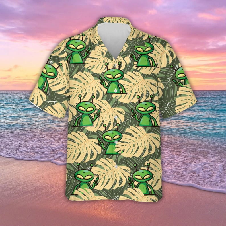 Aliens Hawaiian Shirts, Green Aliens Button Down Floral Short Sleeve ...